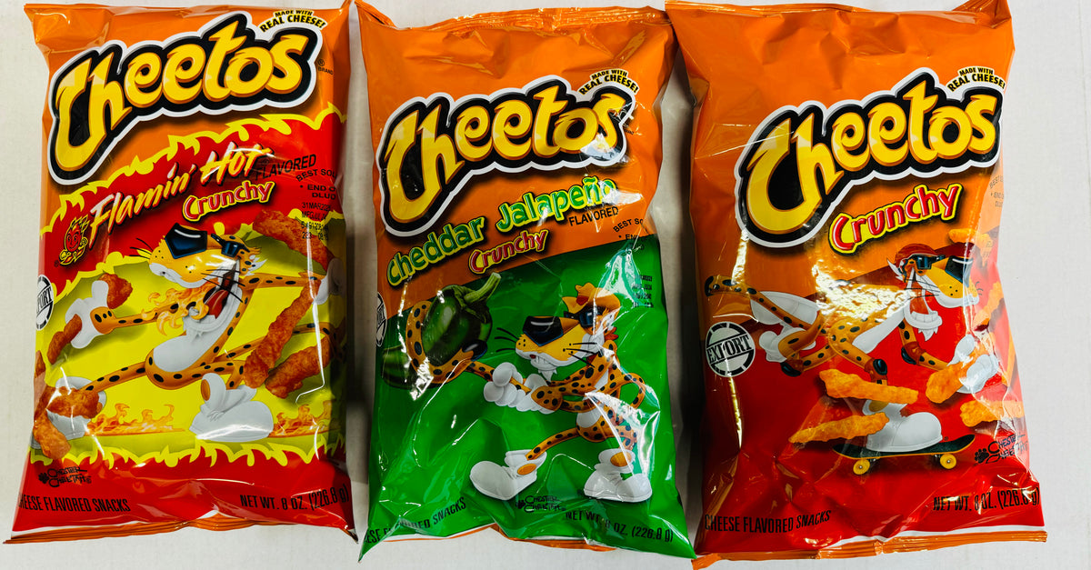 Cheetos • 1) Flamin Hot Crunchy, 2) Cheddar Jalapeño Crunchy, 3) Crunc ...