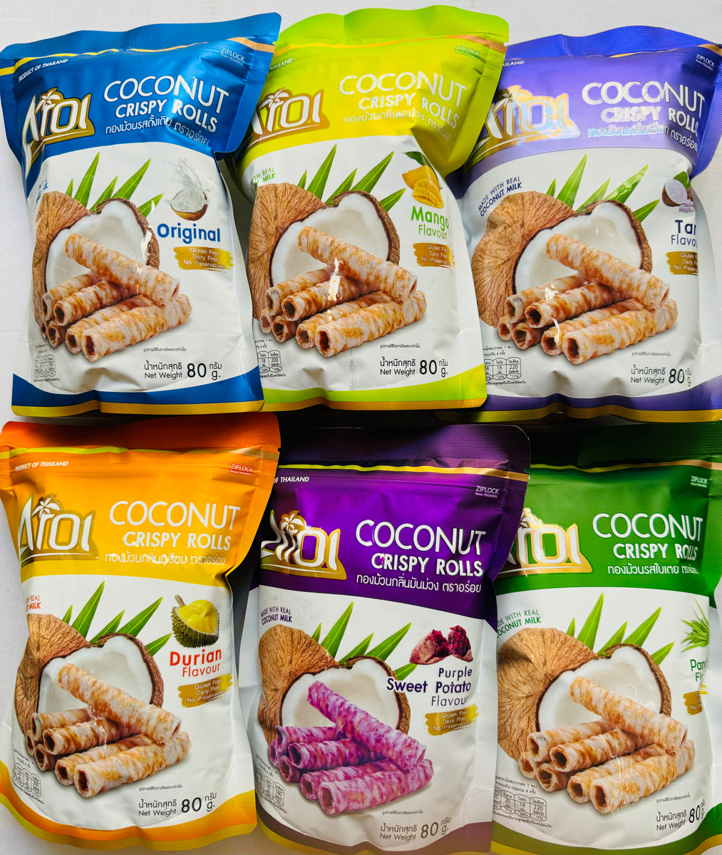 Aroi• Coconut Crispy Rolls • 1) Original, 2) Mango, 3) Taro, 4) Durian ...